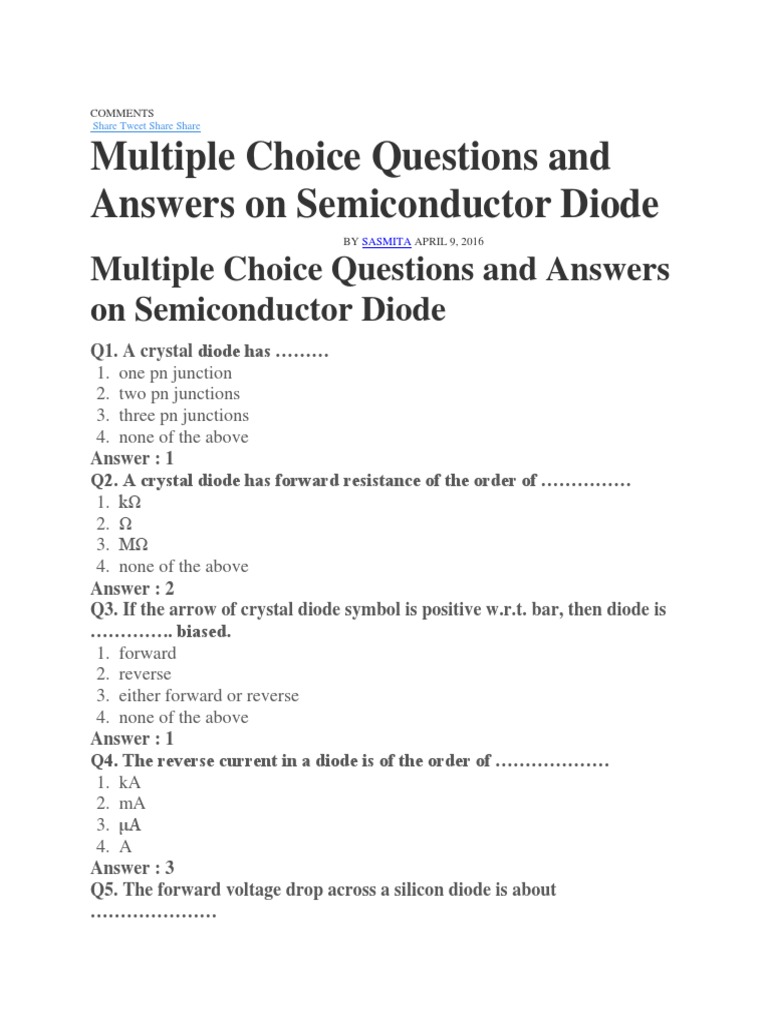 Multiple Choice Questions and Answers On Semiconductor Diode | PDF ...