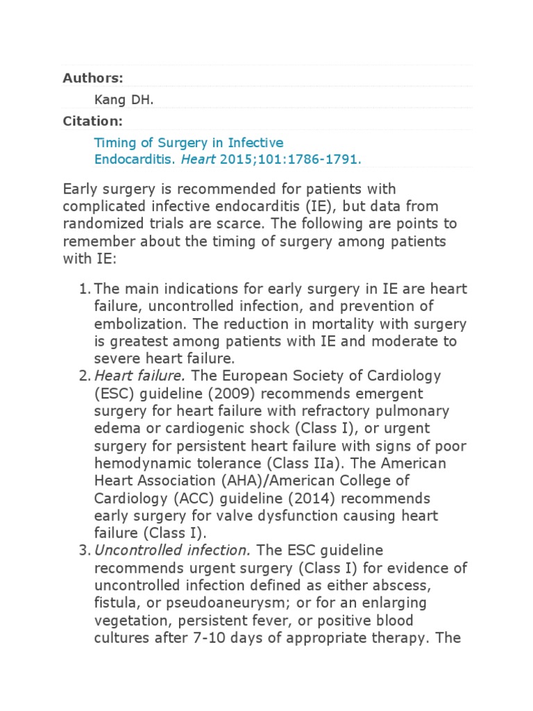 Timing of Surgery in Infective Endocarditis: A Review of Indications ...
