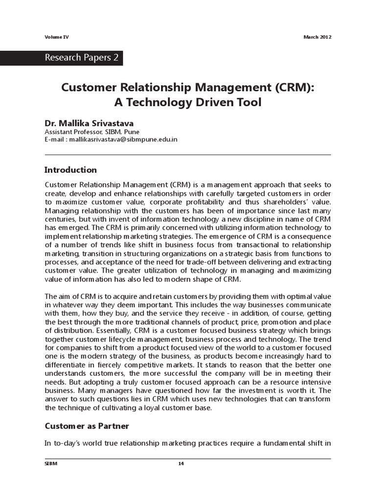 Customer Relationship Management (CRM) : A Technology Driven Tool | PDF ...