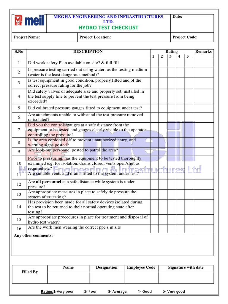 Hydro Test Checklist: Megha Engineering and Infrastructures LTD | PDF ...