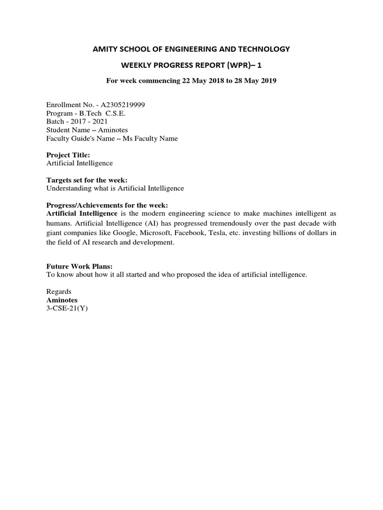 Amity School of Engineering and Technology Weekly Progress Report (WPR ...