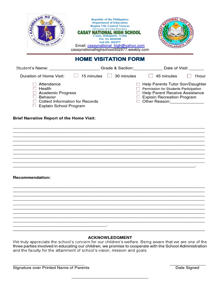 Home Visitation Form | PDF | Behavior Modification | Change