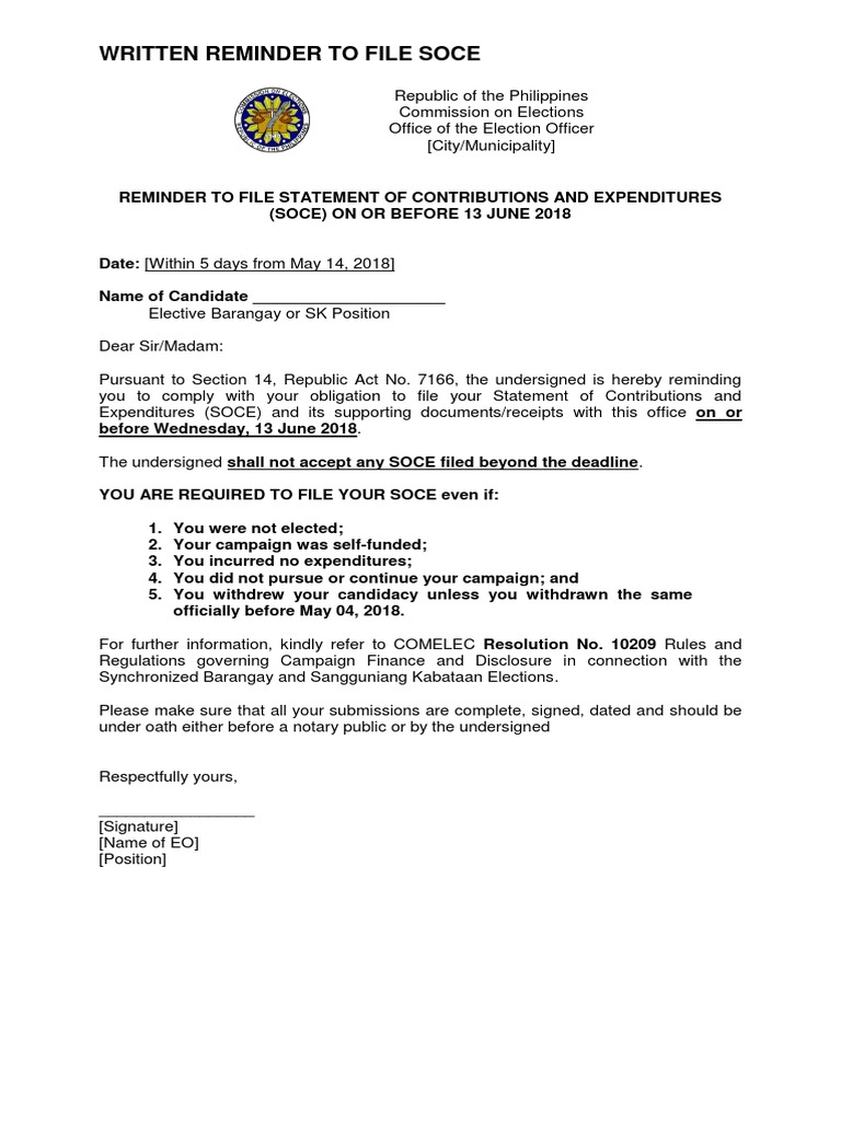 Written Reminder To File Soce | PDF