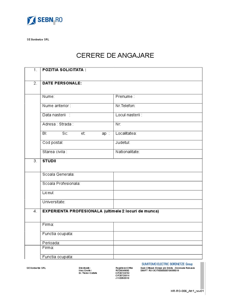 Cerere de Angajare SEBN | PDF