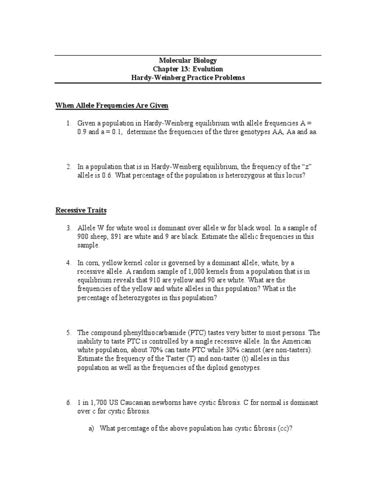 Molecular Biology Chapter 13: Evolution Hardy-Weinberg Practice ...