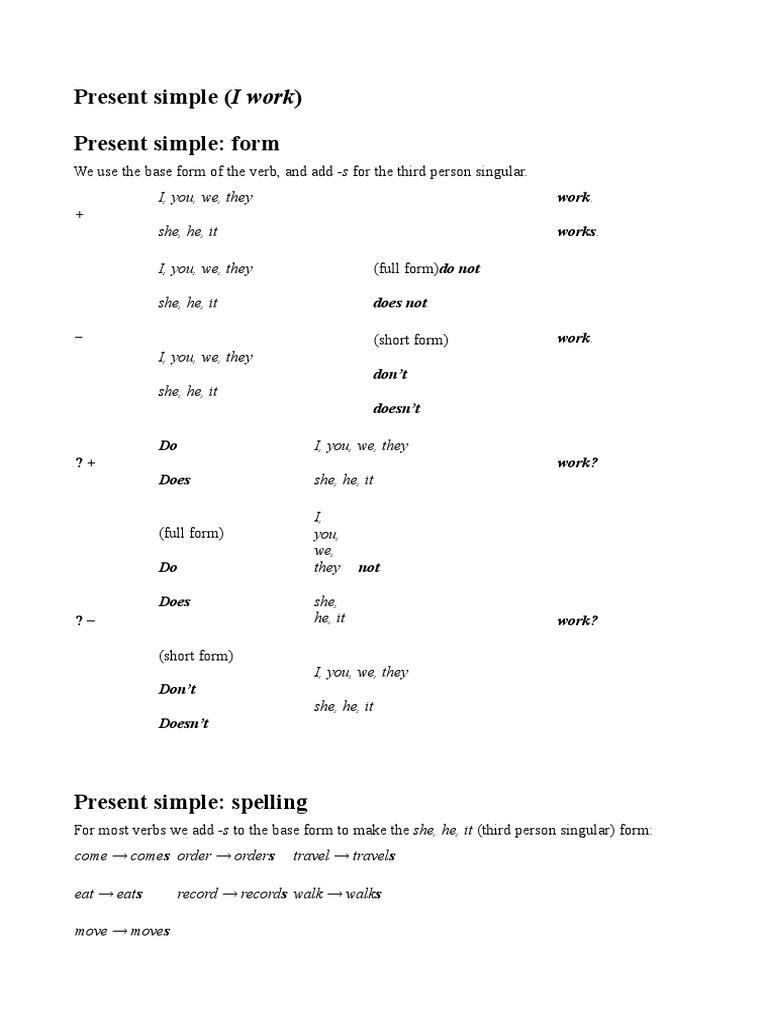 Present Simple (I Work) Present Simple: Form | PDF | Morphology ...