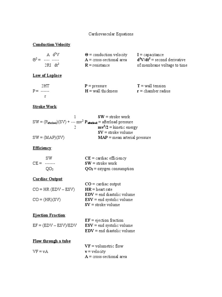 Physiology Cardiovascular Equations | PDF | Ejection Fraction | Capillary