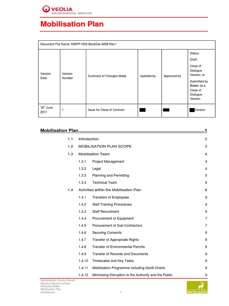 Appendix P Veolia Mobilisation Plan | PDF | Business | Travail