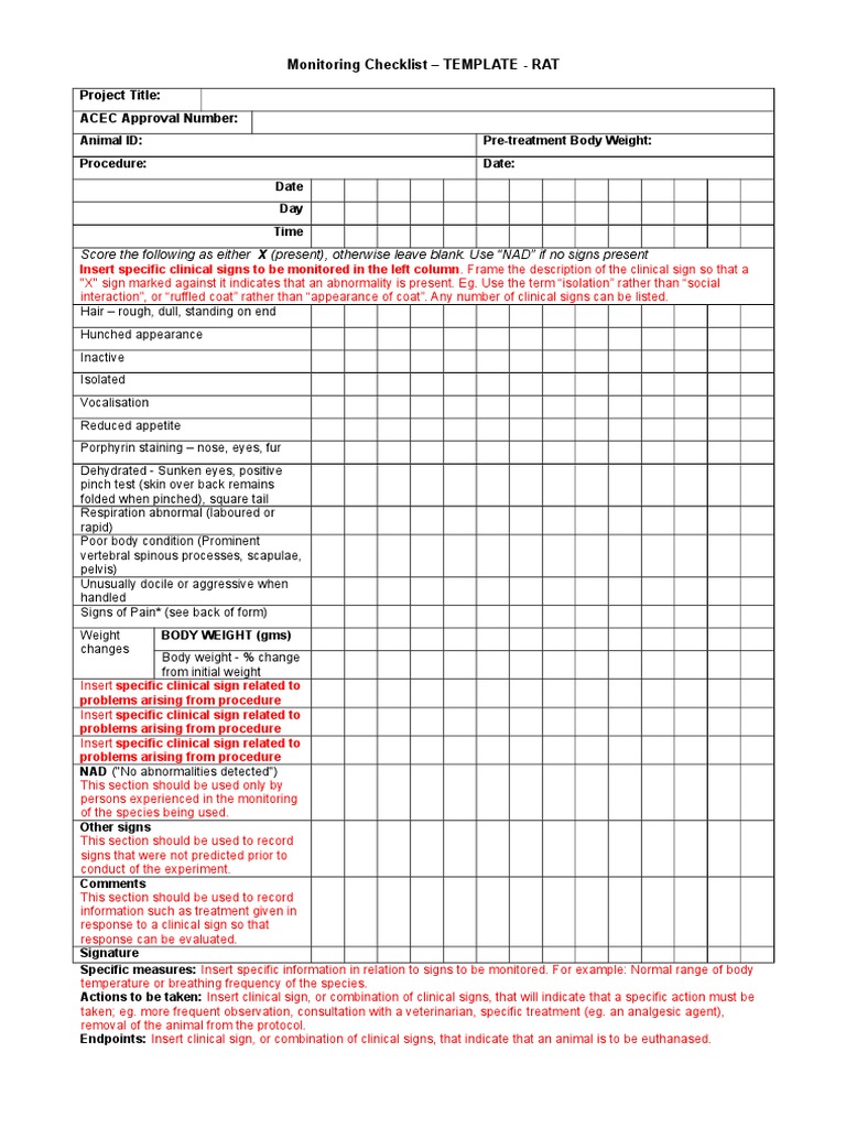 Monitoring Checklist Rat | PDF | Analgesic | Pain
