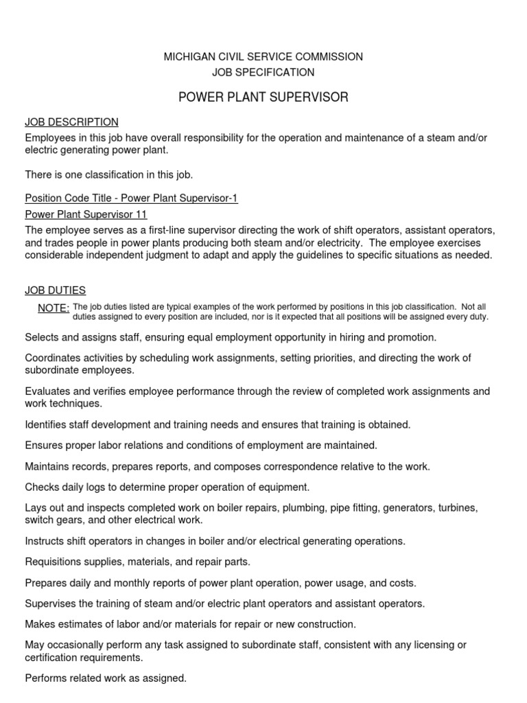Power Plant Supervisor | PDF | Employment | Occupational Safety And Health