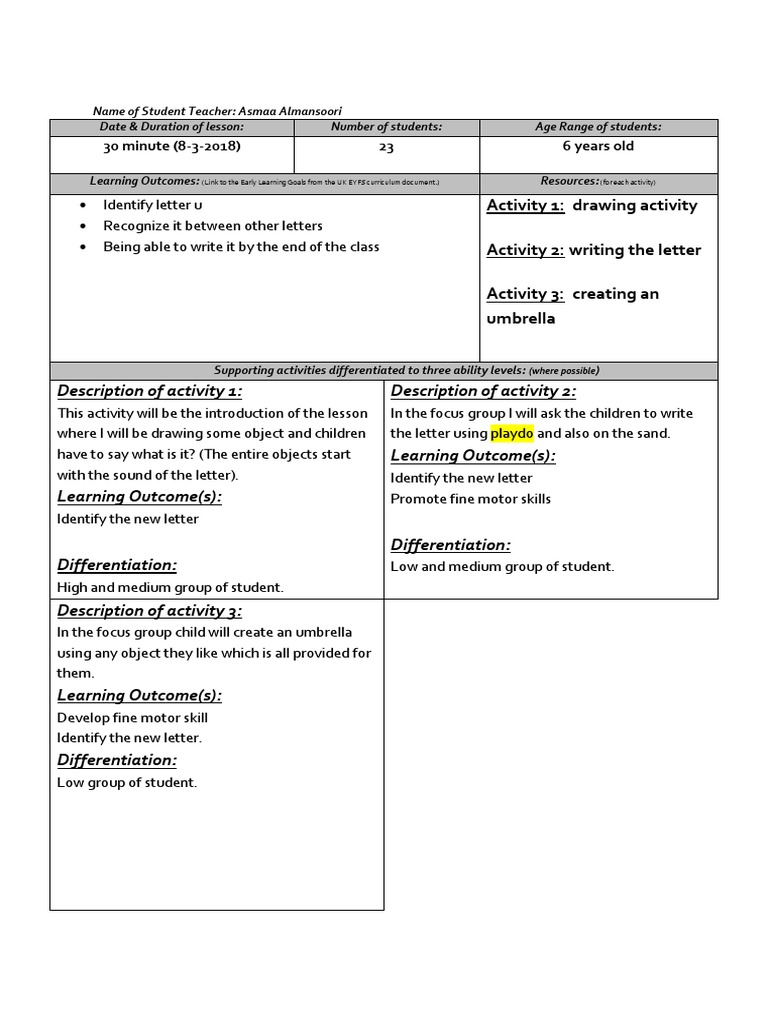 Letter U Lesson Plan | PDF | Lesson Plan | Teachers