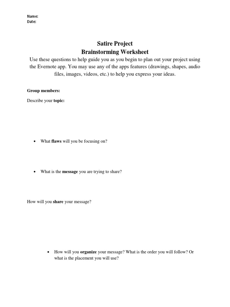 Satire Project Brainstorming Worksheet: Group Members | PDF | Games ...