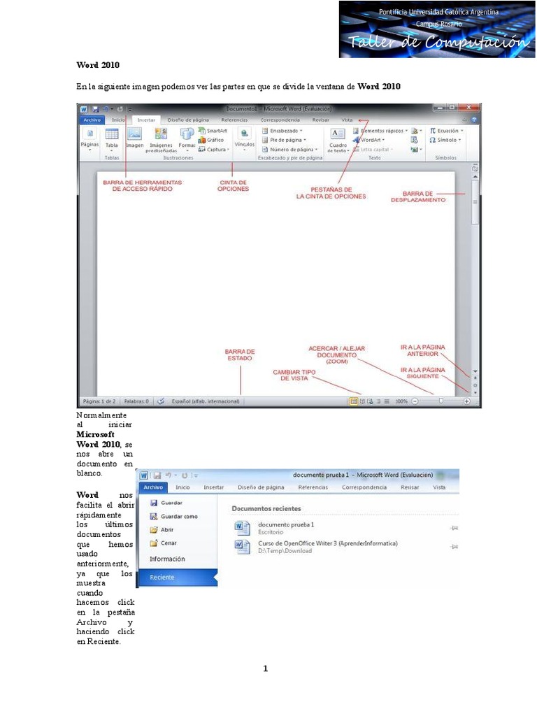 Manual Word 2010 Taller de Computaci-N | PDF | Hoja de cálculo | Ventana (informática)
