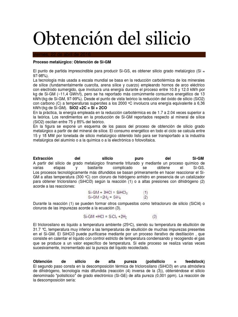 Proceso de obtención del silicio | PDF | Silicio | Hidrógeno