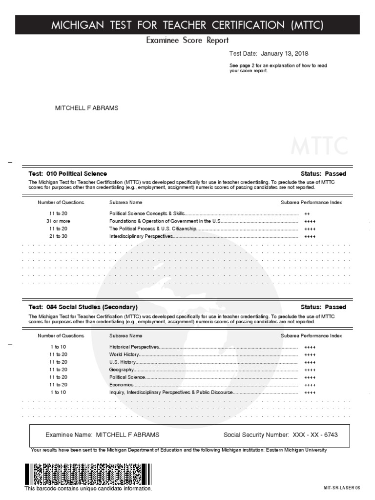 Michigan Test For Teacher Certification (Mttc): Examinee Score Report ...