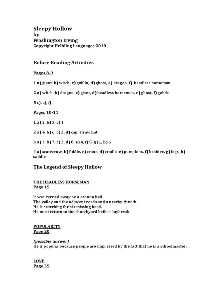 The Legend of Sleepy Hollow Answer Key | PDF | The Legend Of Sleepy ...