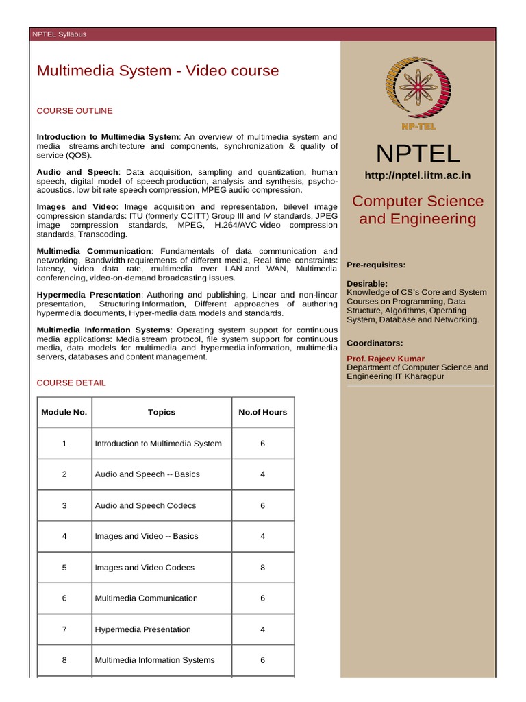 Nptel: Multimedia System - Video Course | PDF | Data Compression | Codec