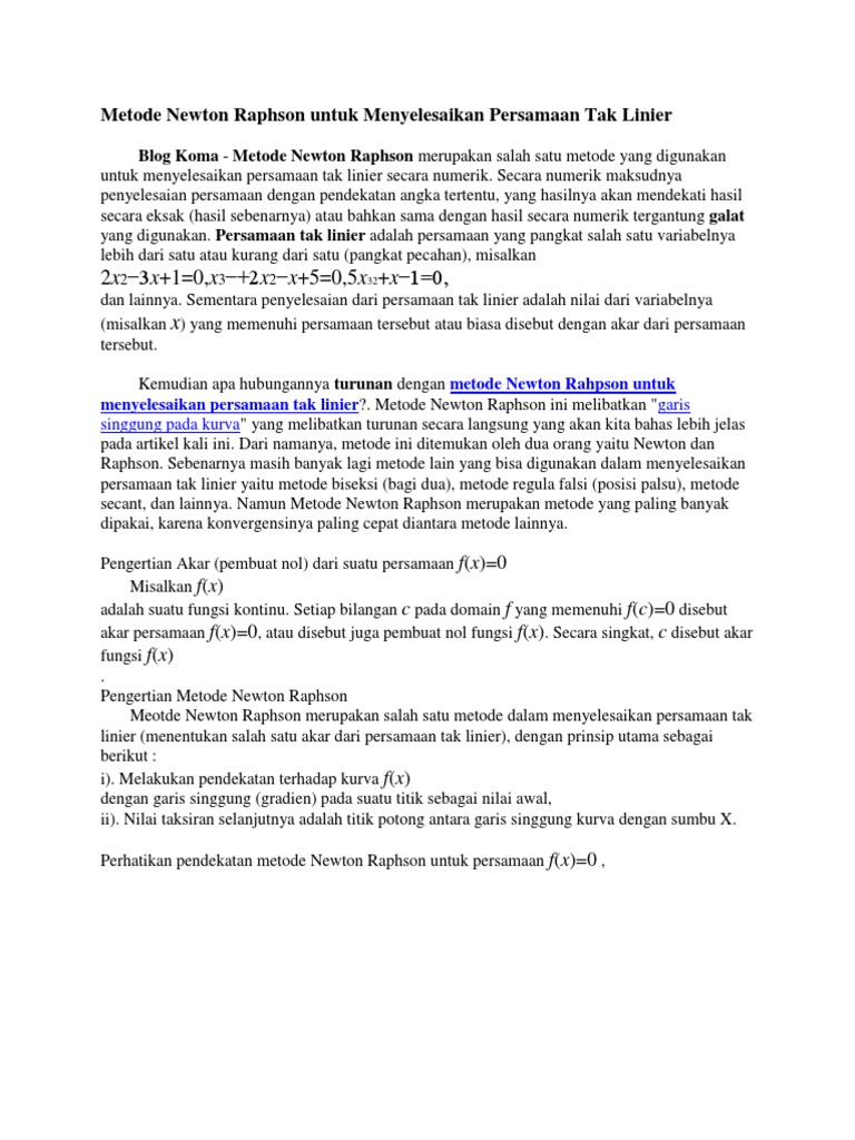 Metode Newton Raphson Untuk Menyelesaikan Persamaan Tak Linier | PDF