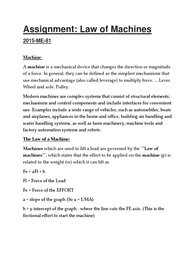 Assignment: Law of Machines: Machine | PDF