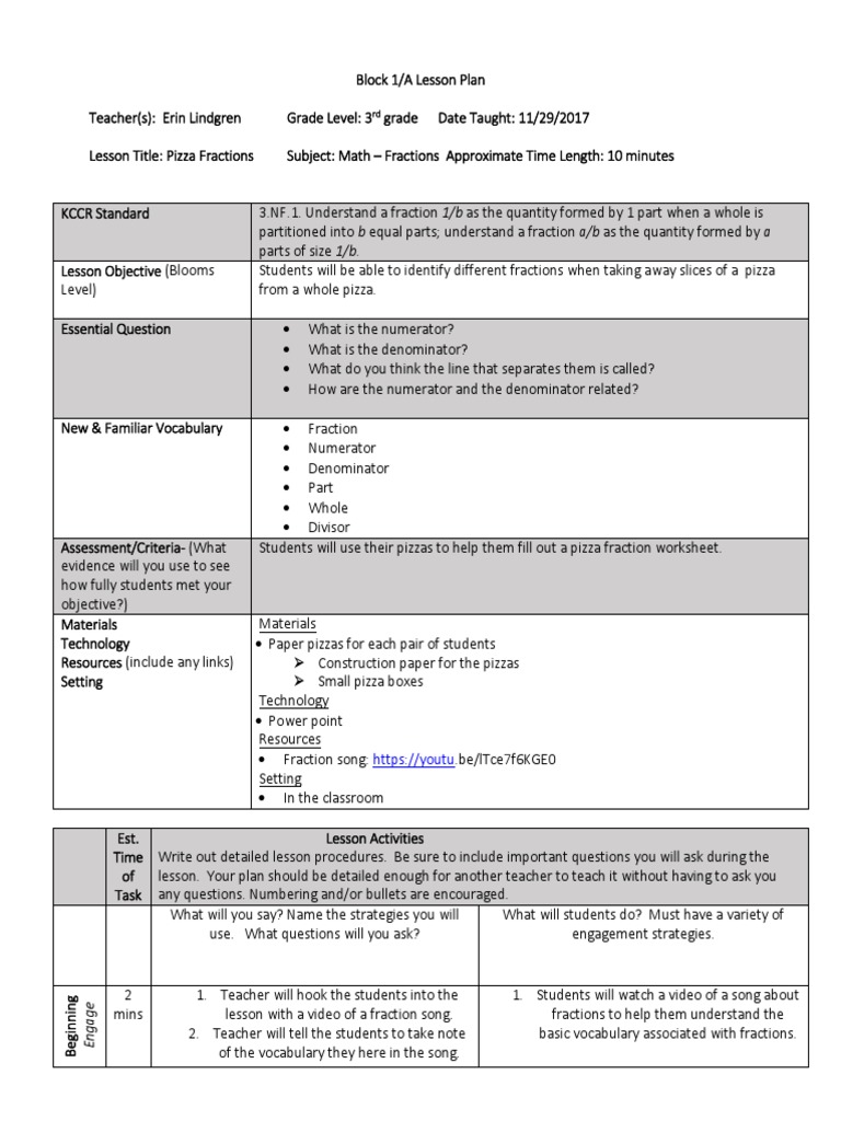 Pizza Fractions Lesson Plan for 3rd Grade | PDF | Fraction (Mathematics ...