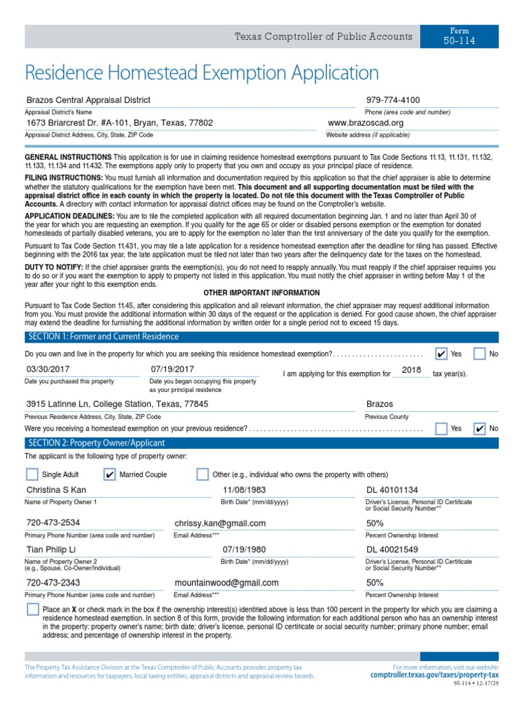 Residence Homestead Exemption Application: Texas Comptroller of Public ...