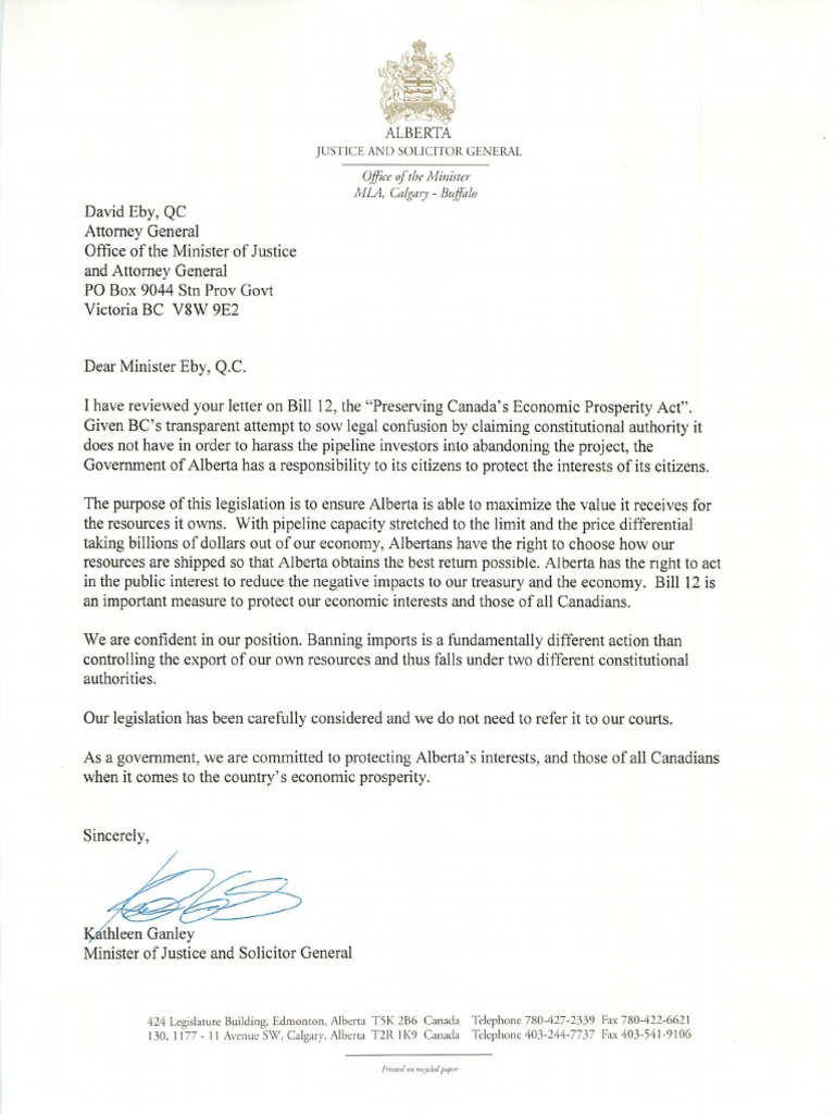 Letter from Alberta Justice Minister Kathleen Ganley to B.C. Attorney ...