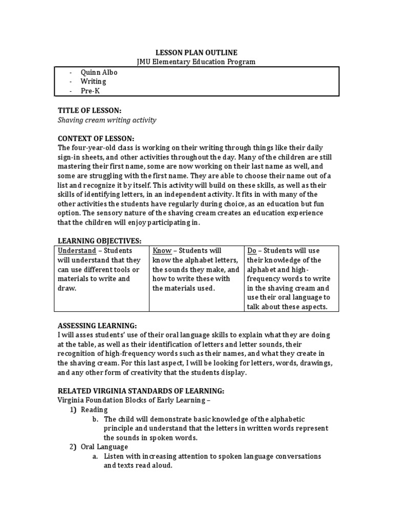 Lesson Plan Outline: Shaving Cream Writing Activity | Download Free PDF ...