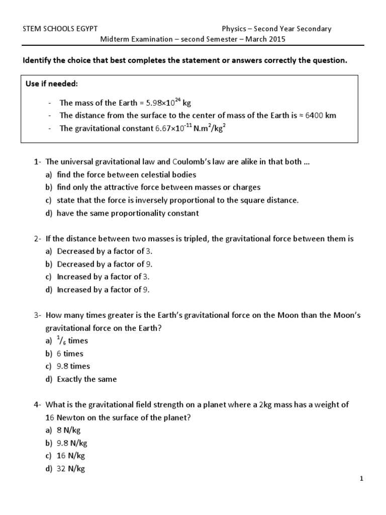 Physics Midterm Exam - Egypt 2015 | PDF | Gravity | Orbit