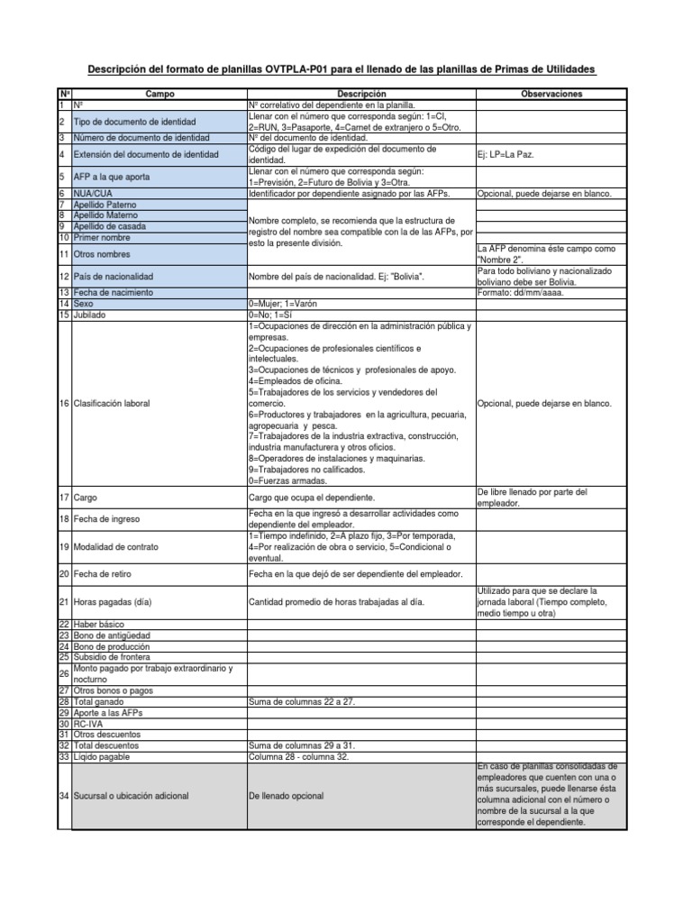 Instructivo de Llenado OVTPLA-P01 Formato de Planilla de Prima | PDF | Business
