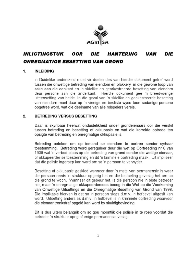 Inligtingstuk Oor Die Hantering Van Die Onregmatige Besetting Van Grond