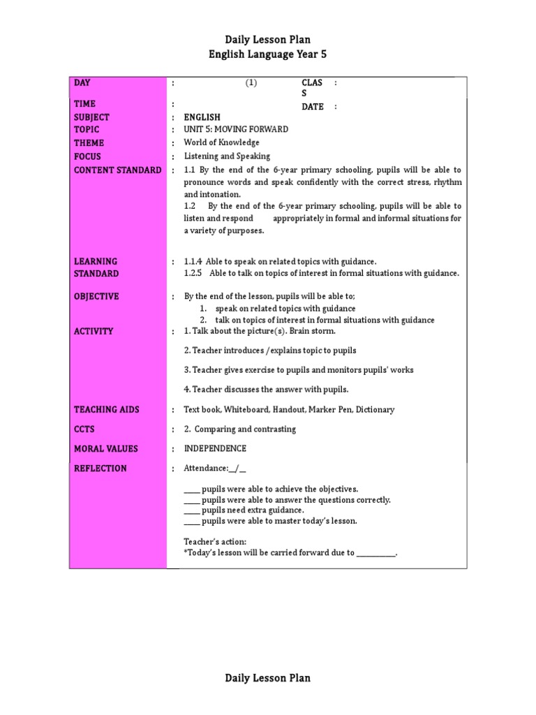 Daily Lesson Plan English Language Year 5 | PDF | Lesson Plan | English ...