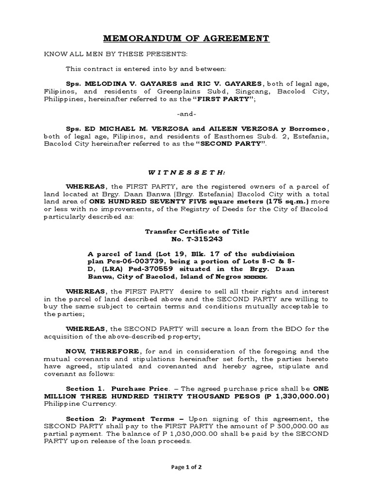 Memorandum of Agreement: Witnesseth | PDF | Deed | Taxes