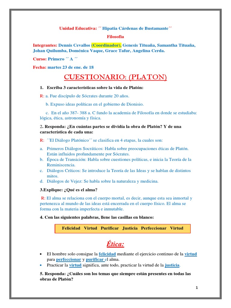 Cuestionario de Platon | PDF | Platón | Idea