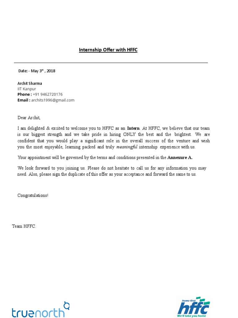 Internship Offer Letter Archit | PDF | Mentorship | Internship