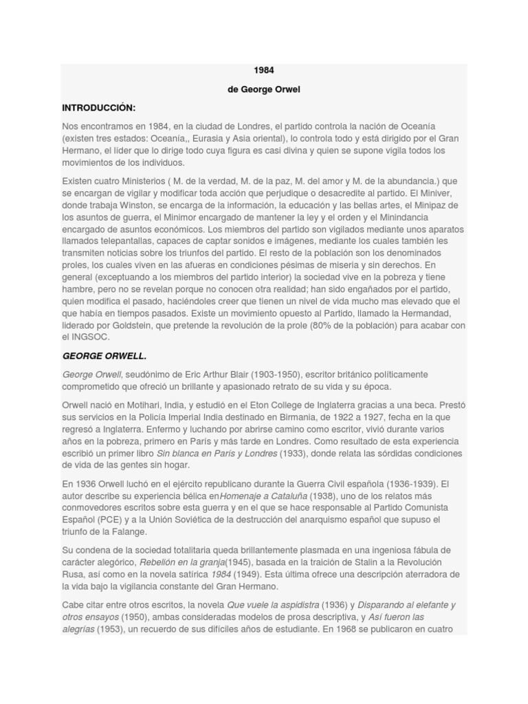 1984 Resumen y Prueba | PDF | George Orwell | Verdad