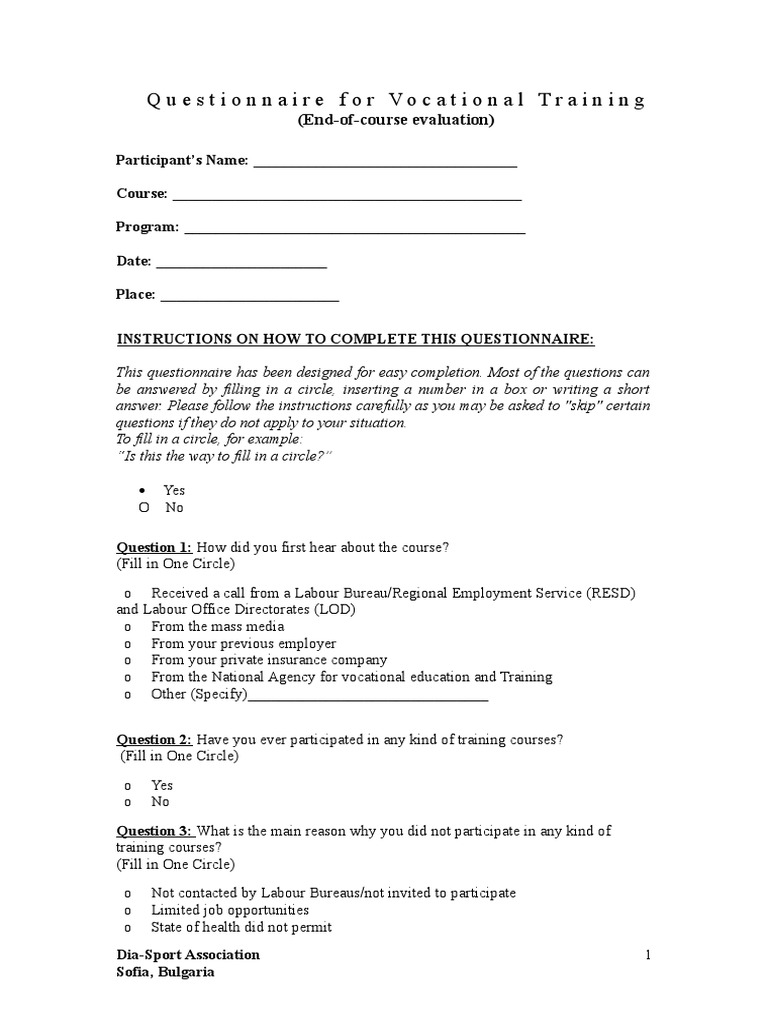 Vocational Training Feedback Questionnaire | PDF | Disability | Employment