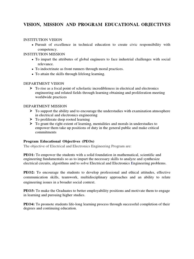 Vision, Mission and Program Educational Objectives | PDF