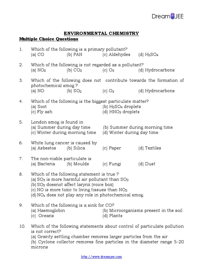 Environmental Chemistry: Multiple Choice Questions | PDF | Ozone ...