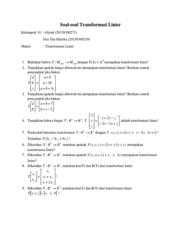 Soal Transformasi Linier Kelas 12 | PDF | Metode & Bahan Ajar