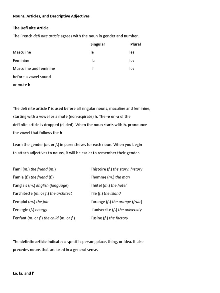 Nouns, Articles, and Descriptive Adjectives The Defi Nite Article | PDF ...