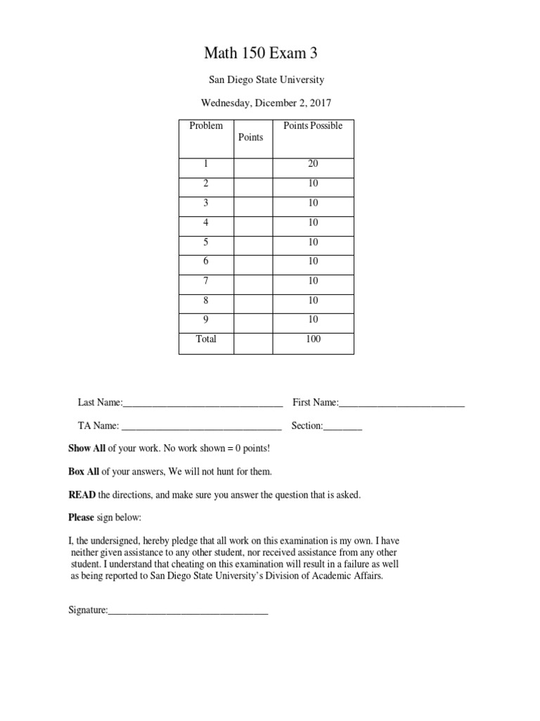 Math 150 Exam 3: San Diego State University Wednesday, Dicember 2, 2017 ...