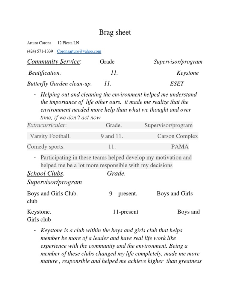 Arturo Corona's Brag Sheet Summary | PDF | Career & Growth