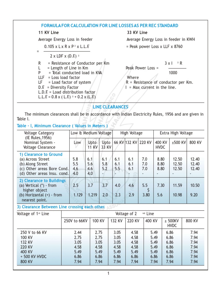 Formula For Calculation For Line Losses As Per Rec Standard: 11 KV Line ...
