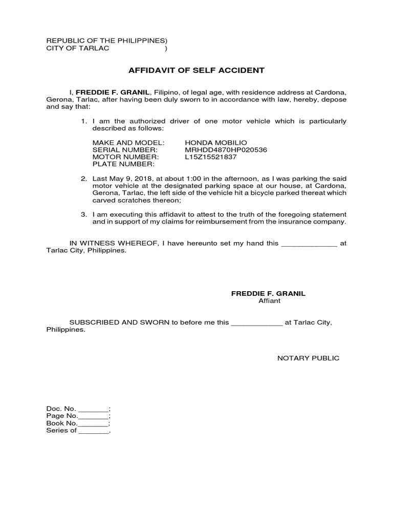 Self Accident Affidavit Template | PDF | Politics | Social Science