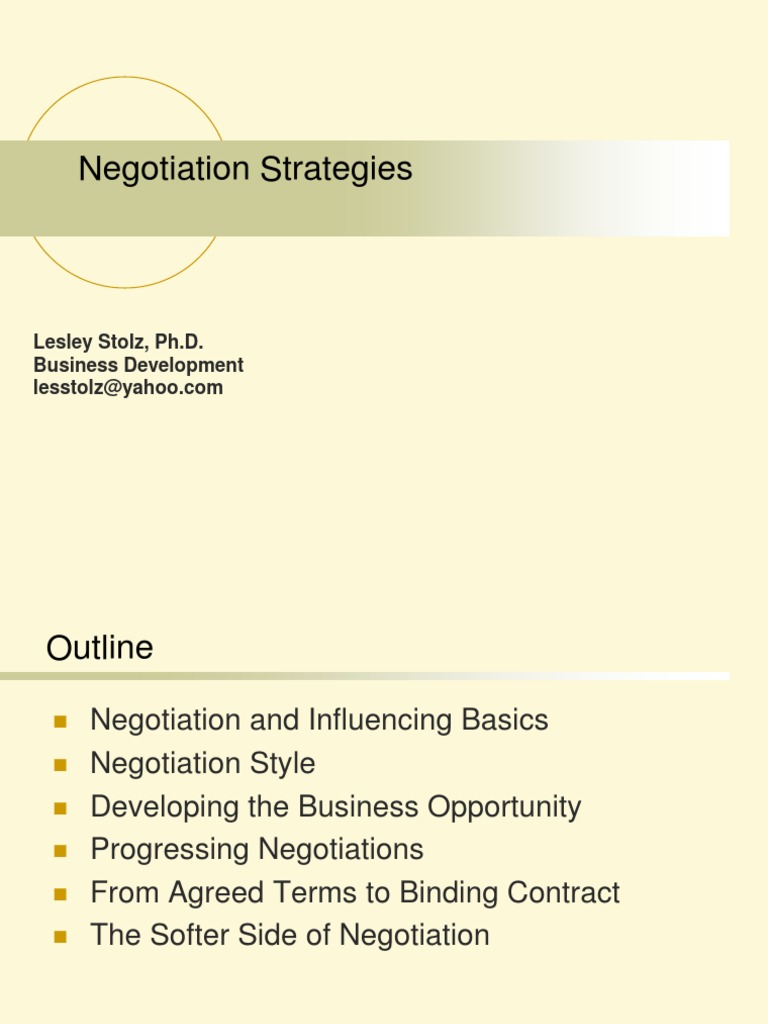 Negotiation Strategies - Lesley Stolz | PDF | Negotiation | Nonverbal Communication