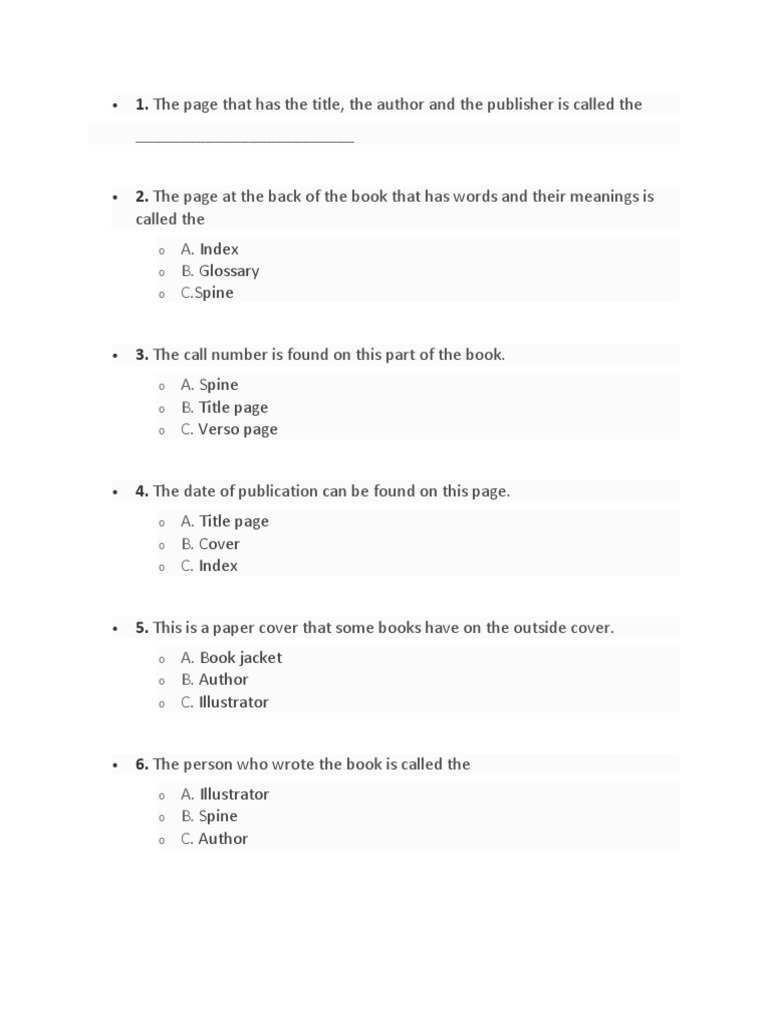Parts of The Books Quiz | PDF