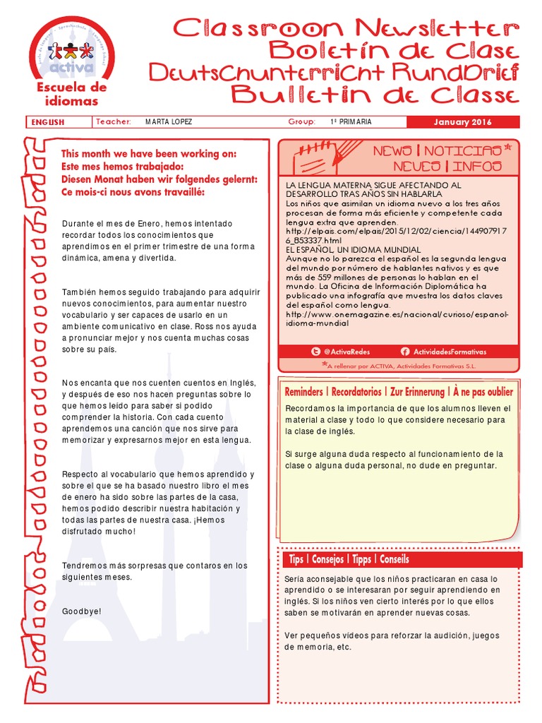 Classroom Newsletter Ene 2016 1º | PDF | Spanish Language | English ...