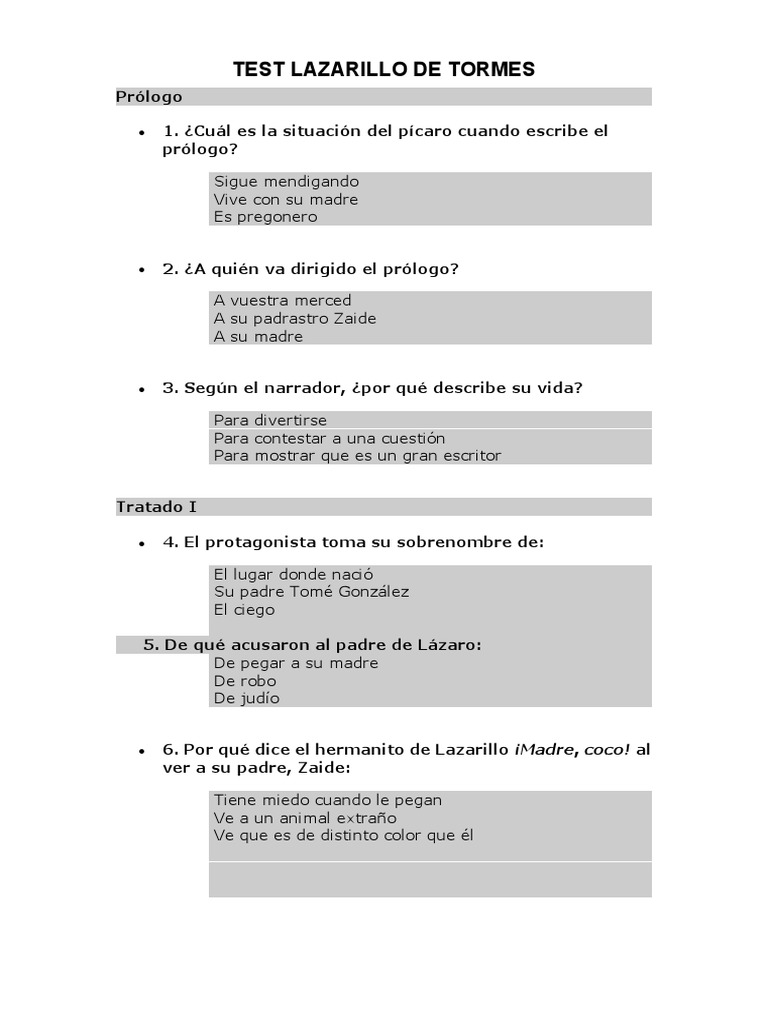 TEST Lazarillo de Tormes | PDF