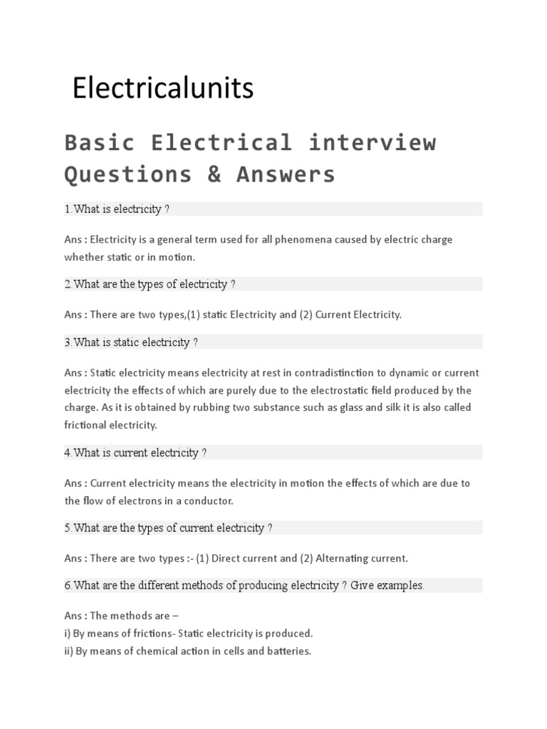 Interview Questions of Basic Electricity | PDF | Series And Parallel ...