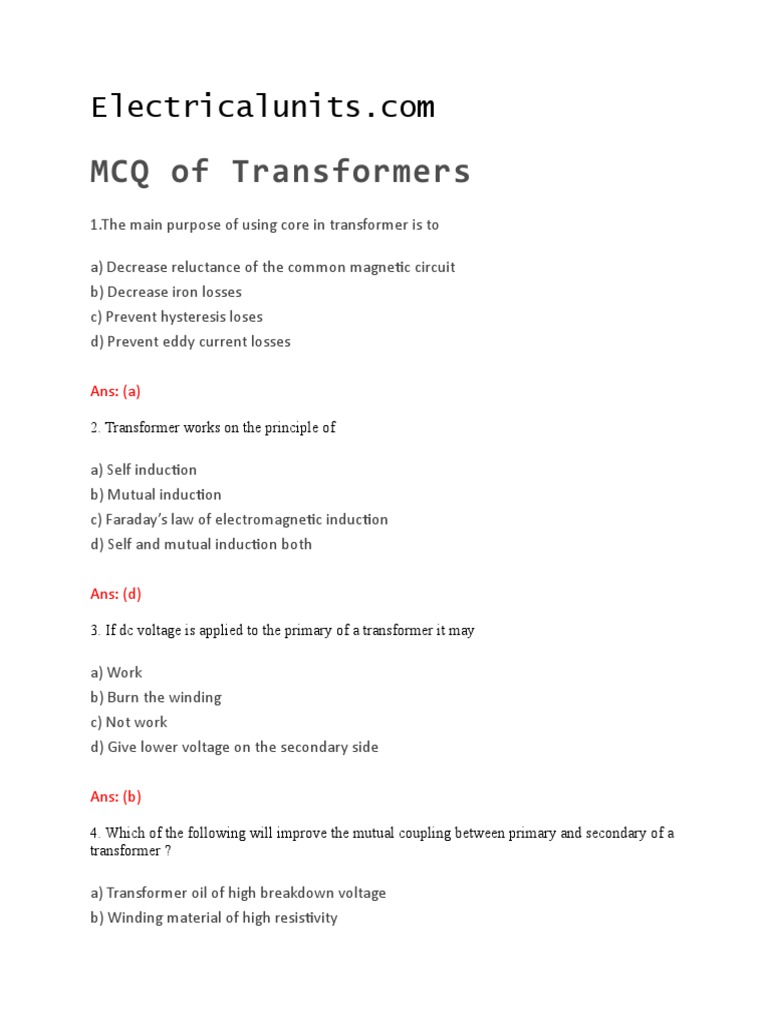 MCQ of Transformers | PDF | Transformer | Electromagnetic Induction